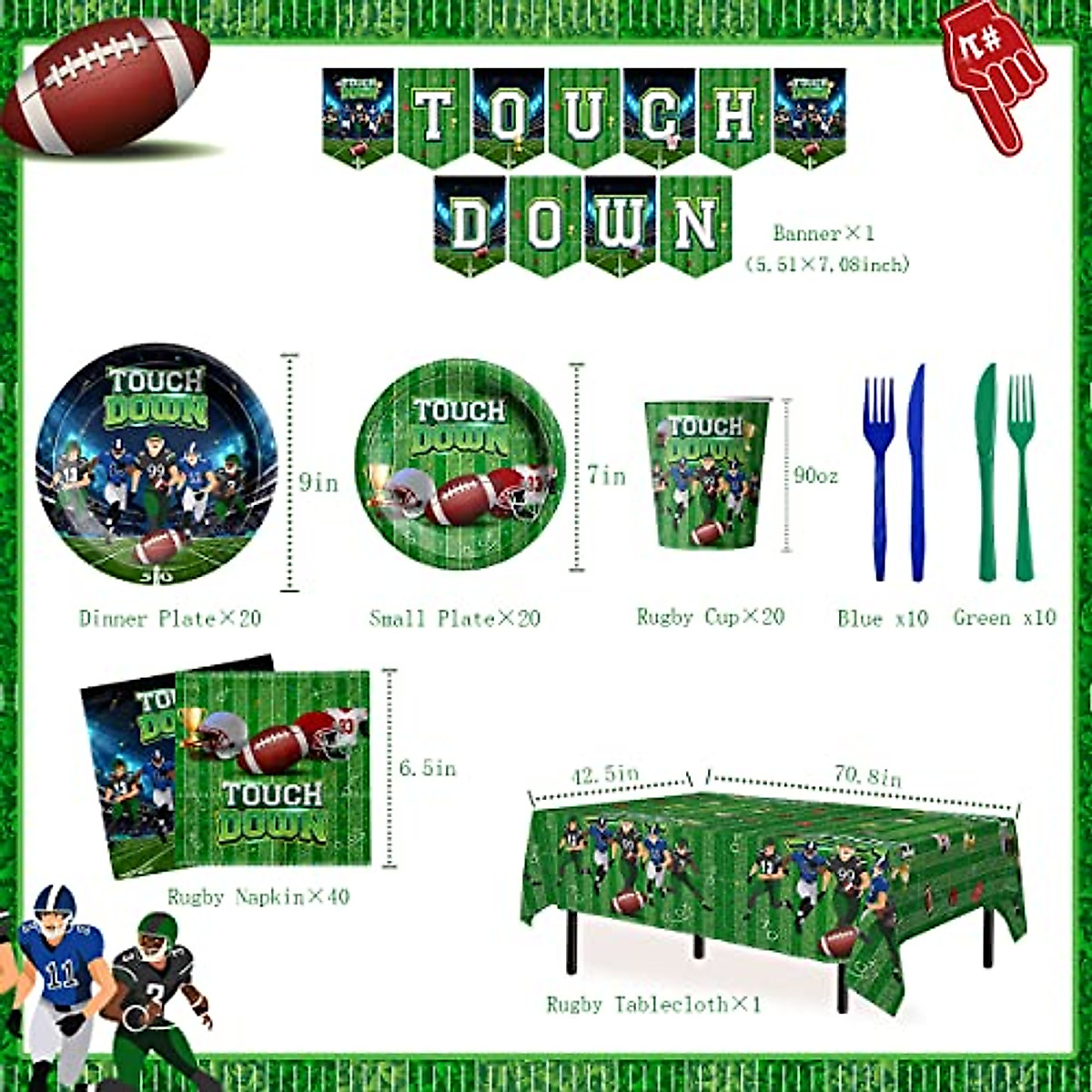 Football Party Supplies Kit Including Disposable Dinner Plate,Napkin,Tablecloth for Game Day, Touch Down Party, Football Birthday Party Decorations（20 Guests）