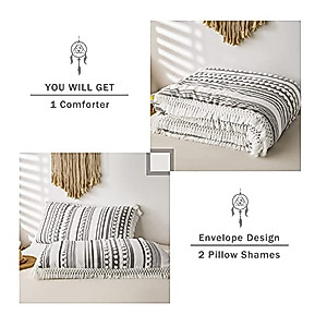 BEDLORE Boho Comforter Set Full/Queen Size, Tufted Gray and White Striped Ball Pom Pom Bedding Set with Tassel Fringe, Farmhouse Shabby Chic Bed Comforter with 2 Pillowshams for All Seasons