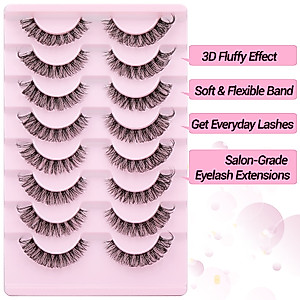 Russian Strip Lashes Natural Look Cat Eye Style with Clear Band 8 Pairs Fluffy Wispy 3D Effect False Eyelashes Thin Volume Fake Lashes Pack By GVEFETIEE