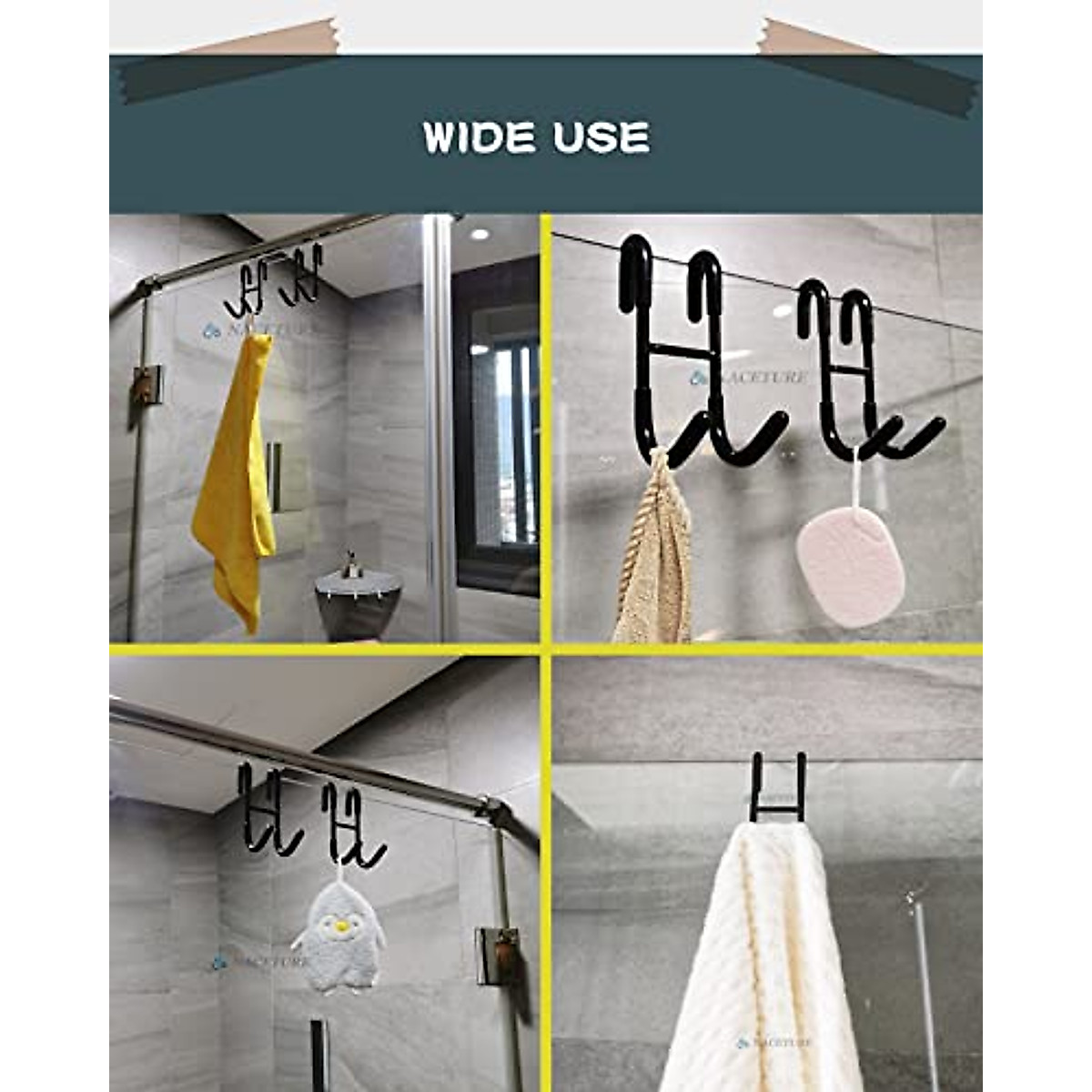 NACETURE Over Shower Door Hooks (3 Pack) Towel Hooks Towel Hanger for Bathroom No Drill Frameless Glass –Stainless Steel Bar Holder, Shower Squeegee Rack, Glass Robe Hook for Organize (Black 3 Pack)