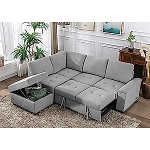 Merax Sofa Bed Sleeper Couch L Shaped Sofa with Storage Ottoman, L-Shape Sectional Couch with Comfortable backrest for Living Room and Small Apartment (Gray)
