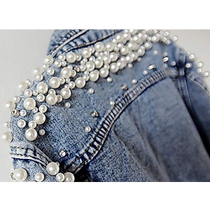 Kedera Women's Embroidered Rivet Pearl Short Denim Jacket Coat