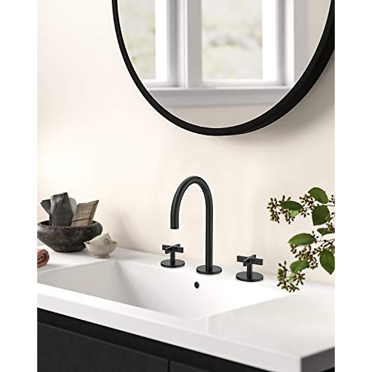 Matte Black Bathroom Faucet, Indare 8-inch Brass Widespread Faucet for Bathroom Sink 3 Holes with Pop-up Drain Assembly and Supply Lines Preassembled, 110101-PB