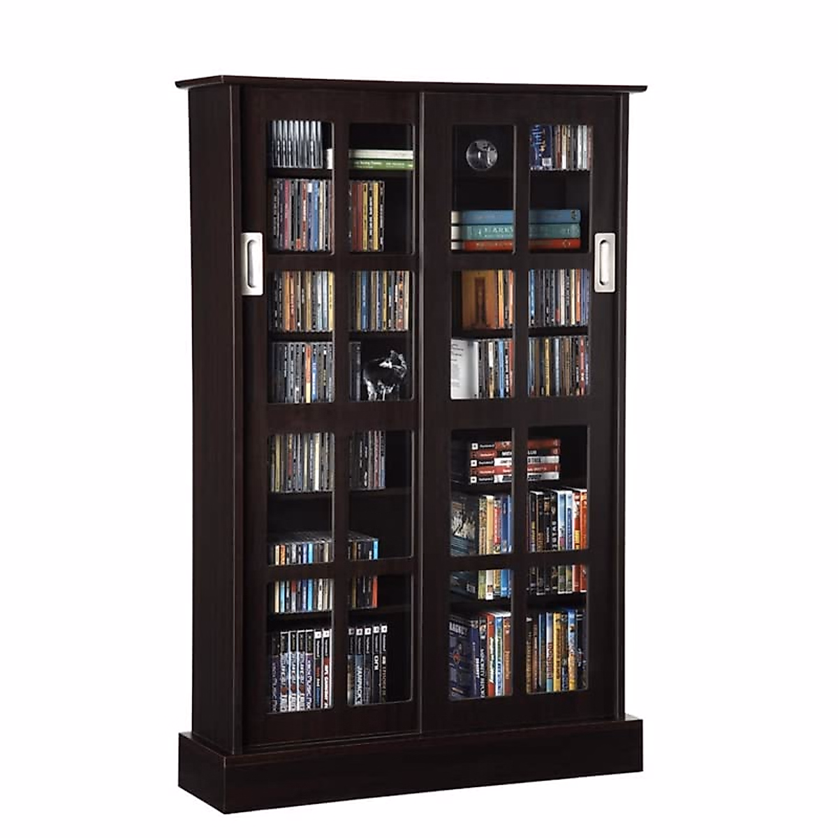 Atlantic Windowpane Media Storage Cabinet with Tempered Glass Pane Styled Sliding Doors, Holds CD, DVD or Blu-ray Media, Collectables or Memorabilia, PN 94835721 in Espresso