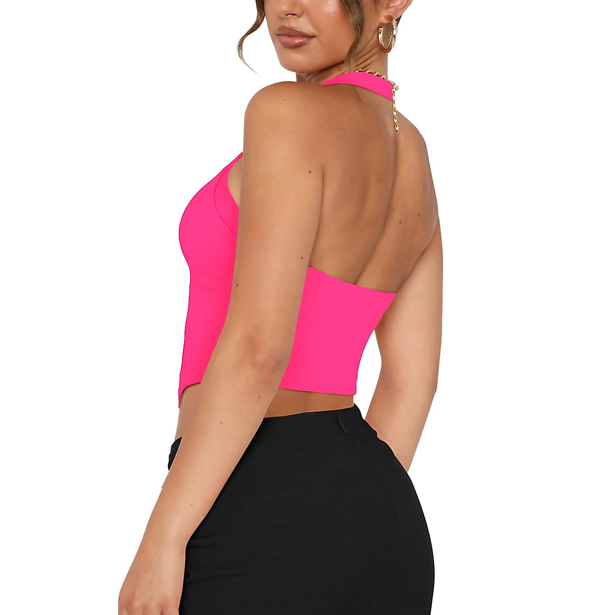 REORIA Women's Summer Sexy Halter V Neck Sleeveless Backless Y2K Trendy Crop Tank Tops for Going Out Neon Rose Red Medium