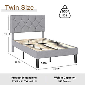 VECELO Twin Bed Frame with Button Tufted Headboard, Upholstered Platform Bedframe with Wood Slat Support, No Box Spring Needed, Grey
