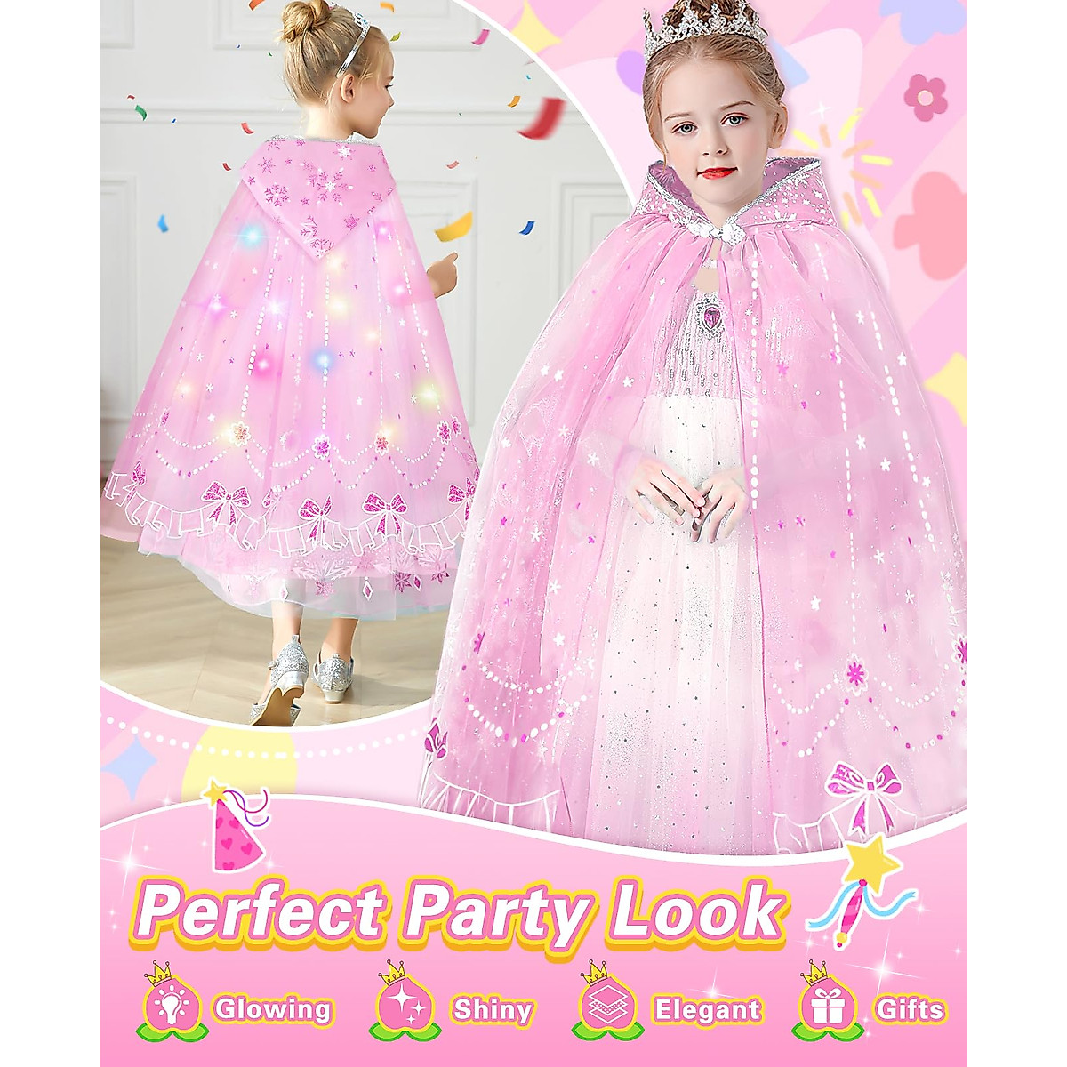 Peach Girls Princess Costume Adult,Super Bros Princess Toys Light UP Cape Set for Kids Cosplay Halloween Dress Up Clothes for Little Girls Accessory
