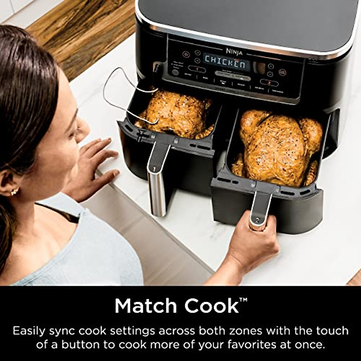 Ninja DZ550 Foodi 10 Quart 6-in-1 DualZone Smart XL Air Fryer with 2 Independent Baskets, Smart Cook Thermometer for Perfect Doneness, Match Cook & Smart Finish to Roast, Dehydrate & More, Grey