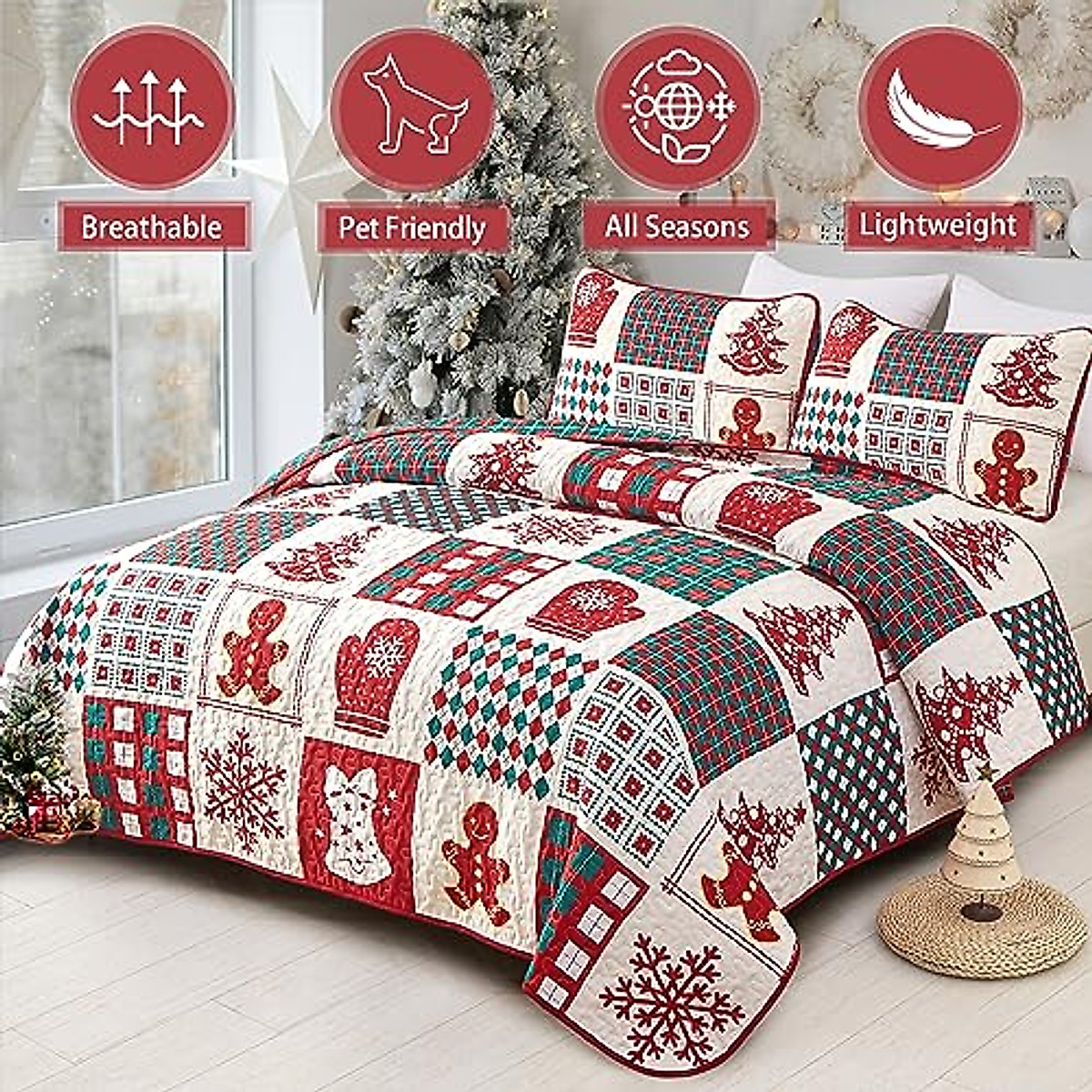 Christmas Quilt Set King,3 Pieces Reversible Christmas Tree Gloves Snowman Snowflake Pattern Bedspread Xmas Plaid Bedding Coverlet with 2 Pillowcases 104”x90”