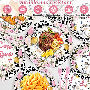 gisgfim 96Pcs Holy Cow I'm One Party Supplies Pink Cow Print Paper Plates Napkins Cow First Party Tableware Set Cow Floral Dinnerware for Girl 1st Birthday Party Table Dinner Decoration Serve 24