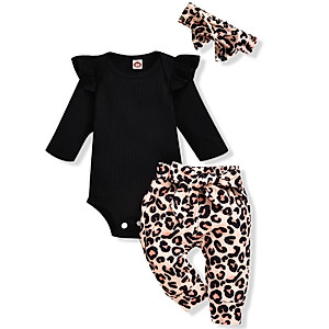 Newborn Infant Baby Girls Clothes Ribbed Bodysuit Romper Leopard Pants Set Fall Winter Spring Outfits (Cheetah, Preemie)