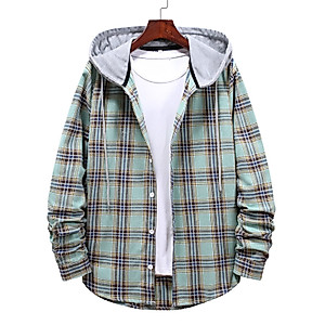 Mens Hooded Flannel Plaid Button Shirt Lightweight Long Sleeve Shirt Jackets with Hood A0810