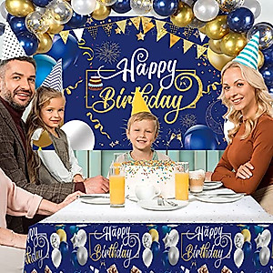 Gold Blue White Happy Birthday Extra Large Fabric Sign Poster Banner Backdrop Waterproof tablecloths Metallic Shiny Latex Balloons for Birthday Party Background Decoration