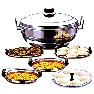 LUSTER Premium Heavy Duty All-in-One Stainless Steel Idli Cooker Multi Kadai Steamer with Induction Bottom Pot Set Includes, Big Size with 5 Plate (2 Idli, 2 Dhokla, 1Patra, Silver)