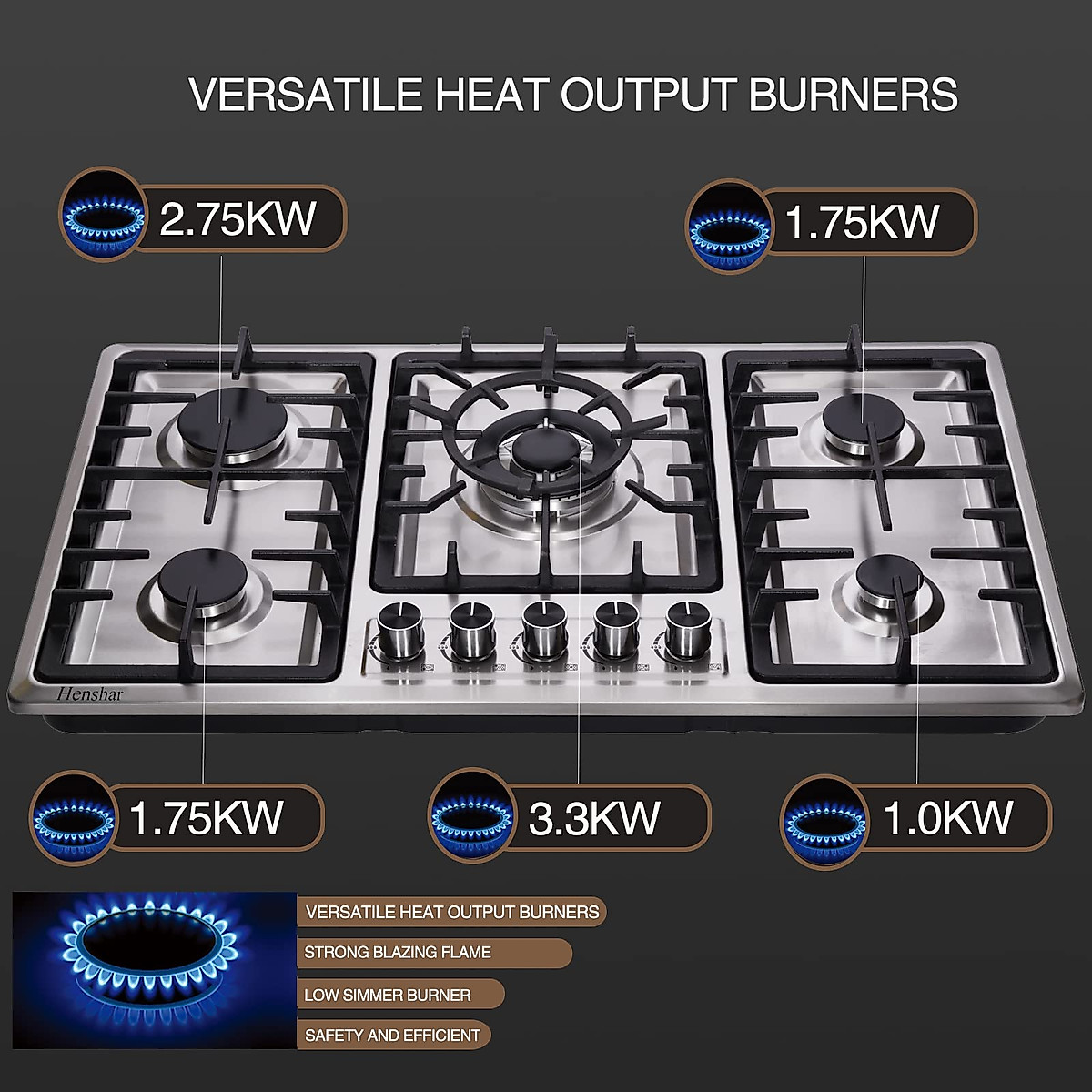 Henshar 34 inch Gas Stove top Built-In Gas Cooktop, 5 Sealed Burner with Thermocouple Protection Stainless Steel NG/LPG Convertible Gas Hob, Built-In Gas Stovetop KN5809