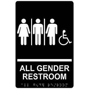 ComplianceSigns.com All Gender Restroom Sign, ADA-Compliant Braille and Raised Letters, 9x6 inch Black Acrylic with Adhesive Mounting Strips