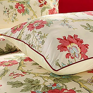 mixinni Red Floral Duvet Cover Queen Green Leaves Pattern Bedding Duvet Cover Set with Zipper Closure 4 Corner Ties for Him and Her-(3pcs, Queen Size)