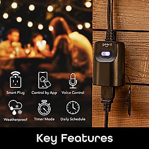 Geeni Indoor/Outdoor Smart Plug Weatherproof, 1 Socket –No Hub Wireless Remote Control and Timer –Works with Amazon Alexa, Google Assistant, Requires 2.4 GHz Wi-Fi, Black