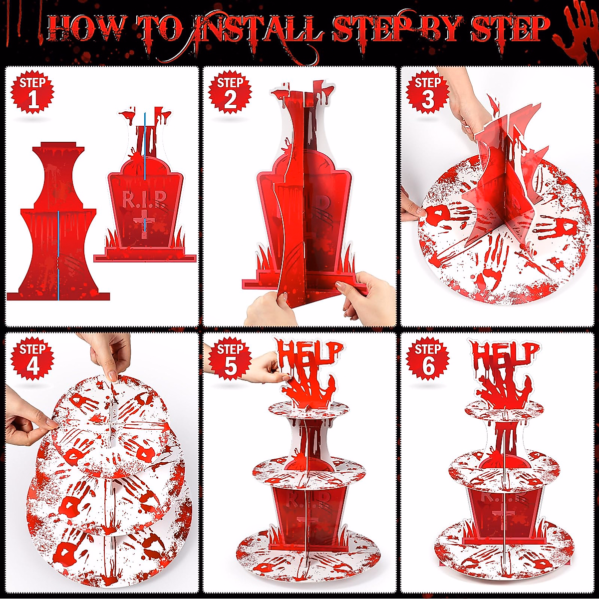 Sliner 2 PCS Halloween Bloody Cupcake Stand Party Decorations Bloody Handprint Cupcake Holder Halloween Bloody Help Cake Holder Bloody Dessert Stand for Halloween Bloody Horror Scary Party Supplies