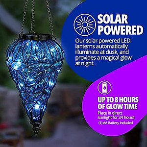 Exhart Outdoor Garden Solar Lights, Tear-Shaped Glass and Metal Hanging Lantern, 15 Firefly LED Lights, 7 x 24 Inch, Blue