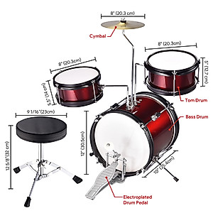 3-Piece Drum Set Kit Junior Size with Throne Cymbal Bass Sticks Pedal US Delivery (Red 1)