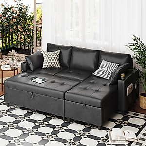 Danrelax Faux Leather L Shaped Sofa, L Shape Couch, Pull Out Bed with USB and Cup Holder, Storage Sofa Cama, Queen Sofa Bed, Sleeper Sofa Couch for Living Room, Sofa Bed Couch, Black