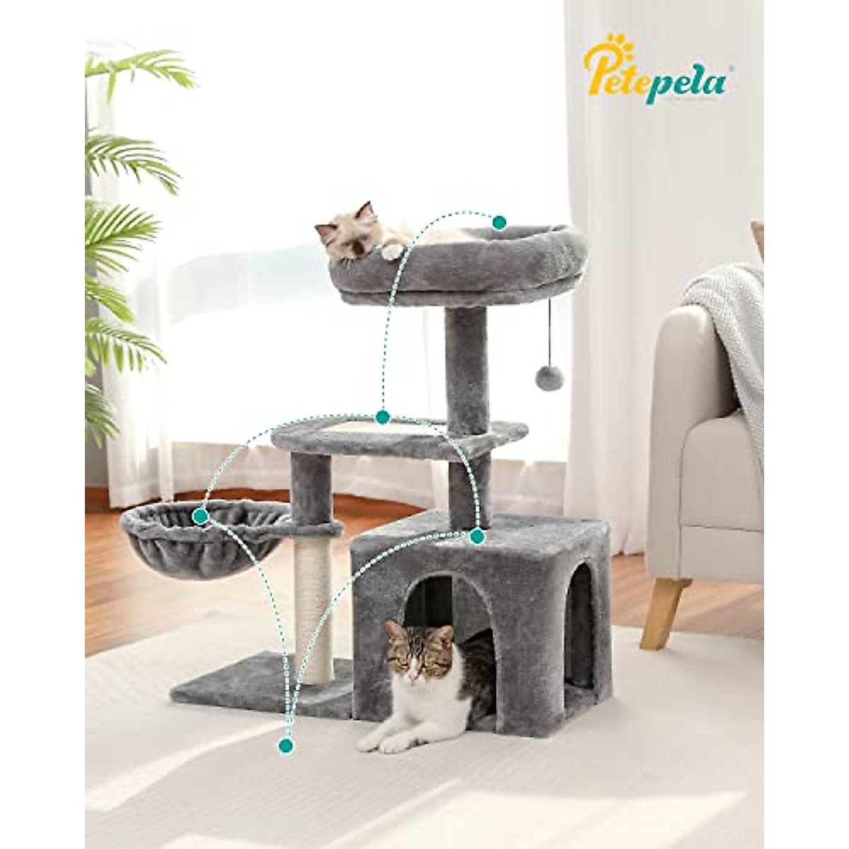 PETEPELA Cat Tree for Small Indoor Cats, Plush Cat Tower with Large Cat Condo, Deep Hammock and Sisal Cat Scratching Post for Kittens