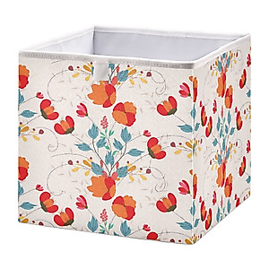 Vintage Orange Flower Floral Storage Bins Cubes Storage Baskets Fabric Foldable Collapsible Decorative Storage Bag with Handles for Shelf Closet Bedroom Home Gift 11" x 11" x 11"