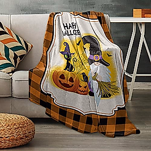 Throw Blanket- Halloween Soft Warm Plush Fleece Bed Throw,50x60In Flannel Blankets Glowing Gnome with Pumpkins Cats Bedding Throws for Women/Men Bedroom Living Room Office Decor Buffalo Gingham