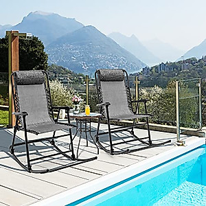 Goplus Folding Rocking Chair, Zero Gravity Rocking Camping Chair with Pillow & Armrests, Folding Lounge Rocker for Outdoor Beach Poolside Yard Garden Indoor