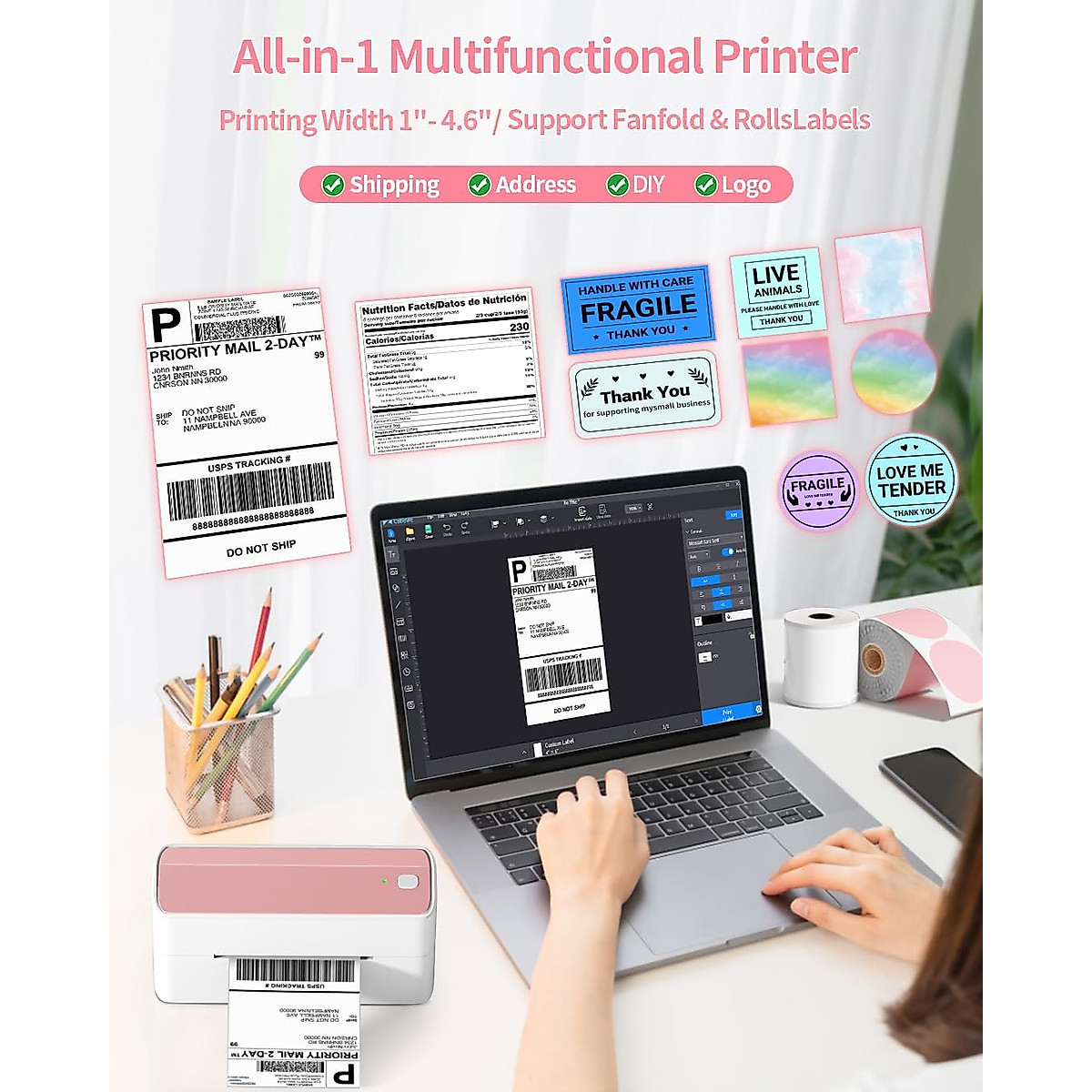 Phomemo Bluetooth Thermal Label Printer 4x6, Wireless Shipping Label Printer for Small Business and Packages for Phone&Pad&PC, Pink Thermal Label Printer for Shopify, Amazon, Etsy, UPS, FedEx