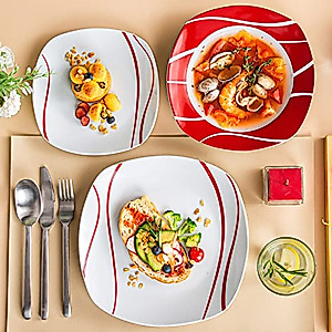MALACASA Dinnerware Sets, 18-Piece Porcelain Square Dishes, Gray White with Red Rim, Modern Dish Set for 6 - Plates and Bowls Sets, Ideal for Dessert, Salad, and Pasta - Series FELISA