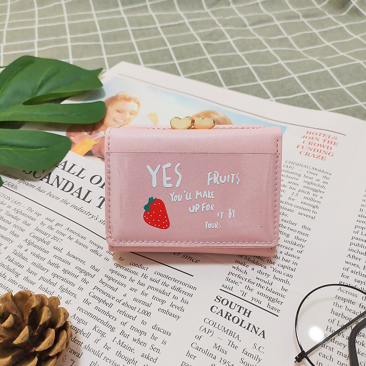 Loxepur Women Cute Fruit Print Wallet Tri-Fold Multi-card Coin Purse (Pink)