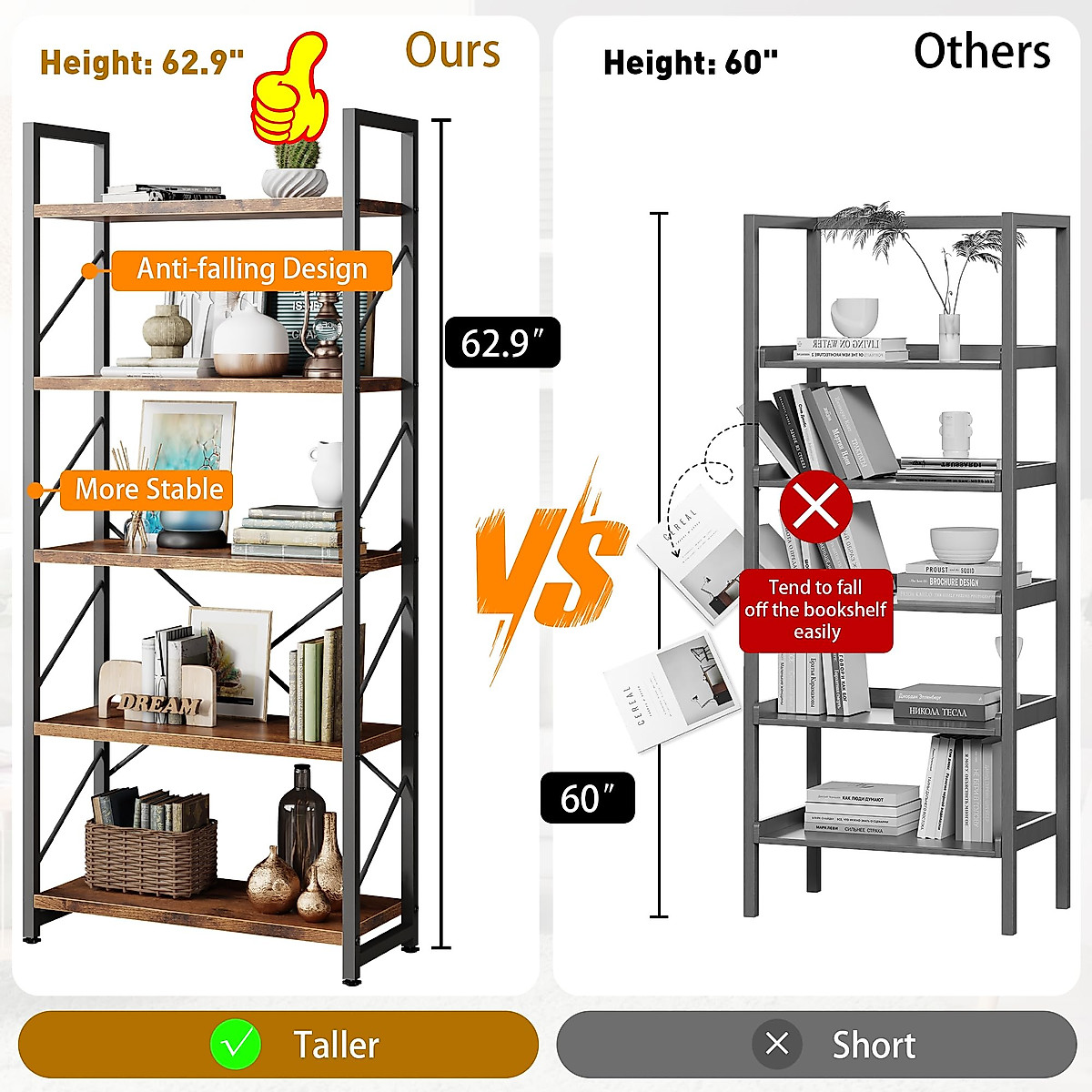 Walsunny Bookshelf, 5 Tier Bookshelves, Home Office Bookcase Shelf Storage Organizer, Free Standing Storage Shelving Unit for Bedroom, Living Room and Home Office,Rustic Brown