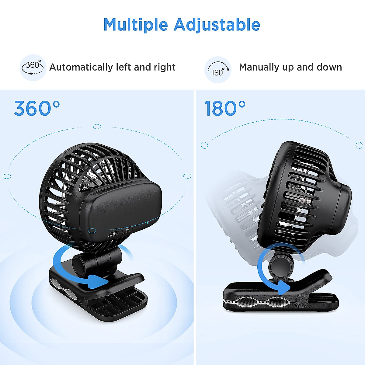 Stroller Fan, EasyAcc Rechargeable Battery Operated Mini Fan Clip on Fan, 540° Rotation Portable Fan with Narrow Gap Grille for Baby Safety, 3 Speeds Personal Desk Fan for Crib Umbrella Straps (Black)