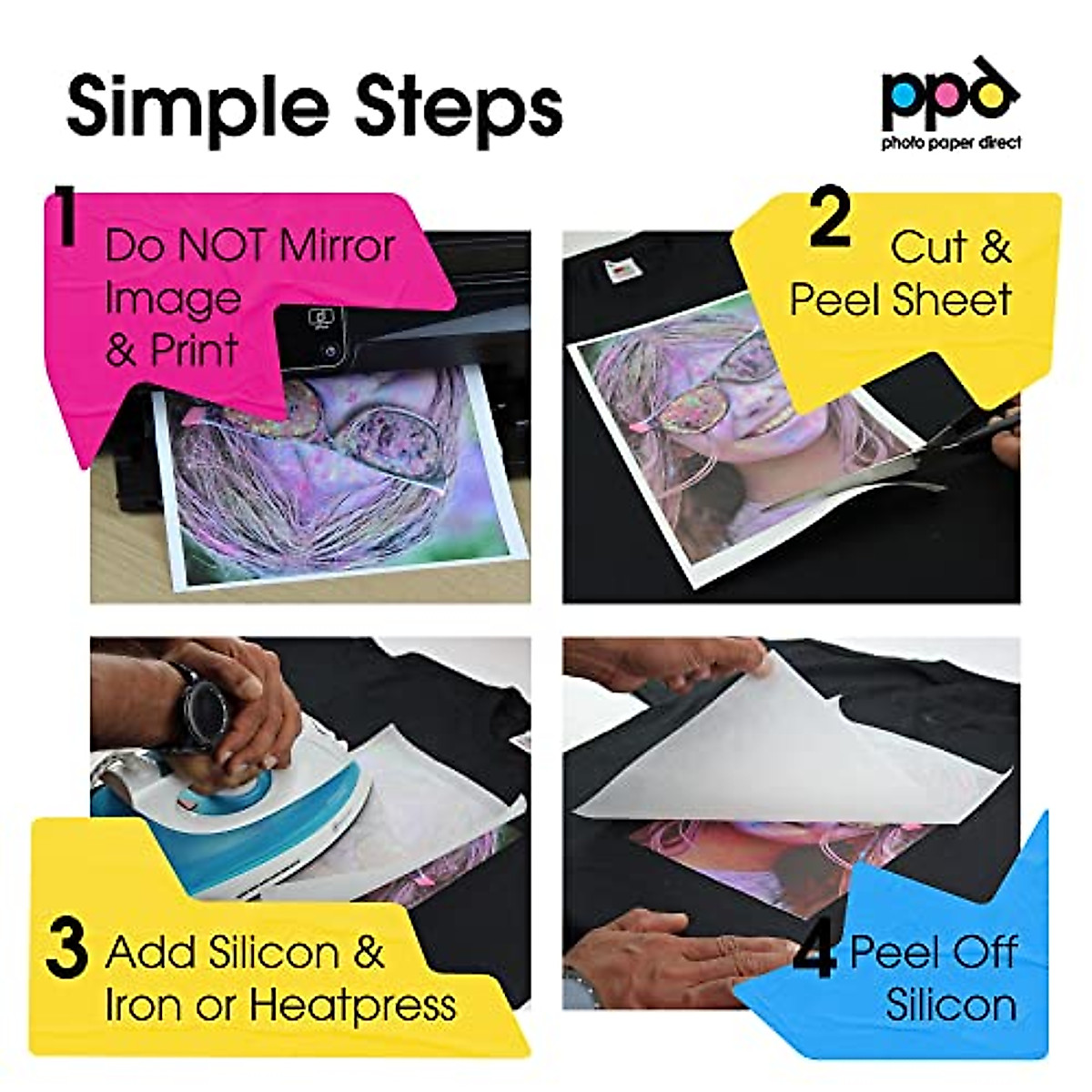 PPD Inkjet Premium Iron-On Dark T Shirt Transfers Paper LTR 8.5x11" Pack of 5 Sheets (PPD-4-5)