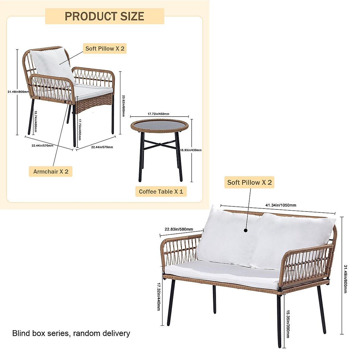 Outdoor Patio Furniture , All-Weather Wicker Rattan Woven Furniture Boho Small Sofa or Garden Chair Set for Porch, Balcony, Lawn and Terrace 2-Seat Patio Couch or 3-Piece Bistro Set Random Delivery