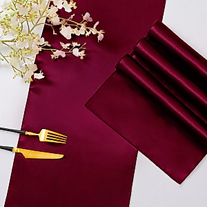 Horbaunal 12 Pack Burgundy Satin Table Runner 12 x 108 Inch, Smooth Table Runners for Wedding Banquets Birthday Party