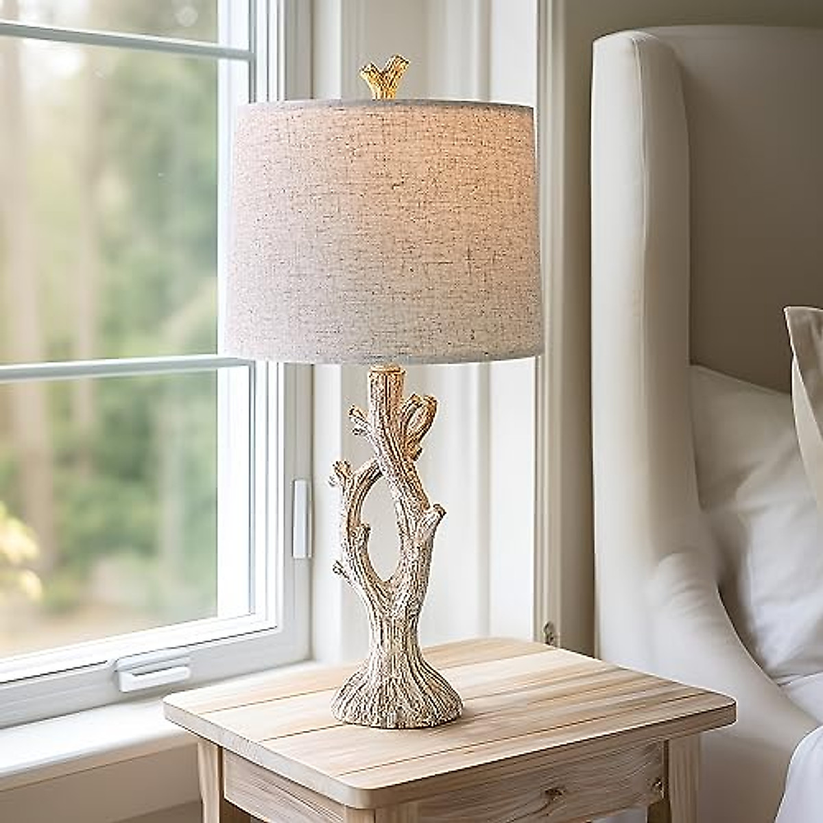 OYEARS 26.25" Farmhouse Table Lamp Set of 2 for Living Room Bedroom Resin Bedside Tree Lamp Nightstand End Table Lamps Vintage Natural Style（Brown）