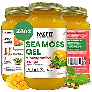 Sea Moss Gel Organic Ashwagandha Mango (25 Flavors) 24oz Wildсrafted Gold Sea Moss Gel from Saint Lucia | 92 Vitamins and Minerals | Pure Raw+Non-GMO