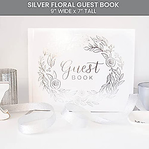 bloom daily planners Wedding Guest Book (120 Pages) - Lined Sign-in Registry Guestbook & Keepsake - Hard Cover with Silver Foil, Gilded Edges and Bookmark - 7” x 9" - Silver Floral