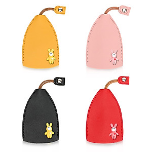 FuninCrea 4PCS Key Case, PU Leather Car Key Case with Wax Rope and Snap-fastener, Personalized Cute Key Fob Case with Rabbit Pattern, Portable Key Pouch for Car Keys, Keys (Style 1)