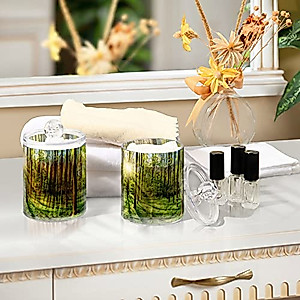 Kigai Beautiful Green Forest Landscape Qtip Holder Dispenser for Cotton Ball, Cotton Swab,Plastic Clear Apothecary Jar, Home Décor Kitchen Storage Jar,2 Pack