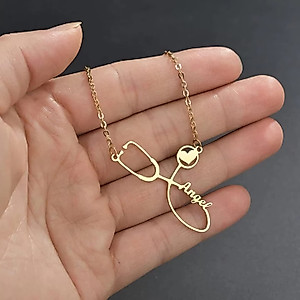 MOTIEL Jewelry Personalized Custom Stethoscope Name Necklace 925 Sterling Silver 10k 14k 18k Gold Engraving Name Pendant Necklace, Gifts for Doctor Nurse (Yellow Gold)