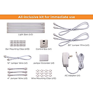 BLACK+DECKER LED Under Cabinet Lighting Kit, 3-Bars, 9 Inches Each, DIY Tool-Free Installation, Warm White, 2700K, 1080 Lumens, 15 Watts, Home Accent (LEDUC9-3WK)