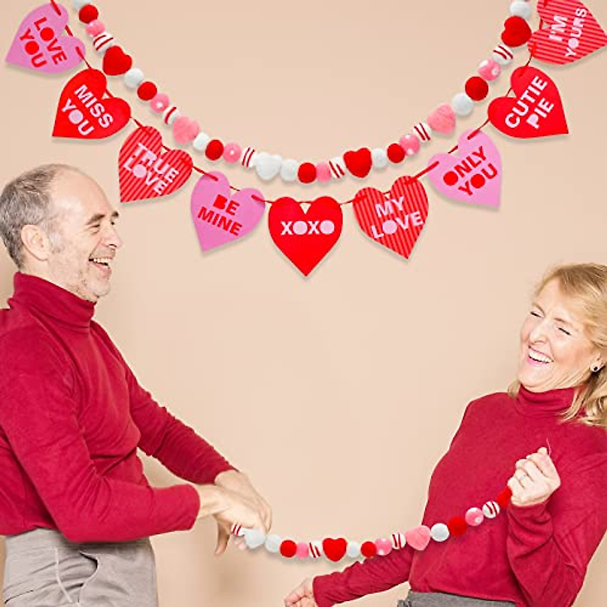 2 Pieces Valentines Day Felt Balls Banner Conversation Candy Hearts Banner Felt Pom Pom Garland Valentines Heart Sayings Garland for Valentines Party Wedding Birthday Decorations