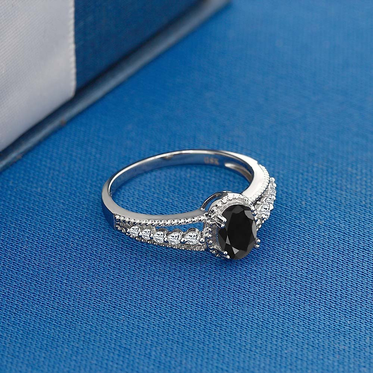 Gem Stone King 925 Sterling Silver Black Sapphire and White Topaz Engagement Ring For Women (1.28 Cttw, Oval 7X5MM, Available in size 5, 6, 7, 8, 9)