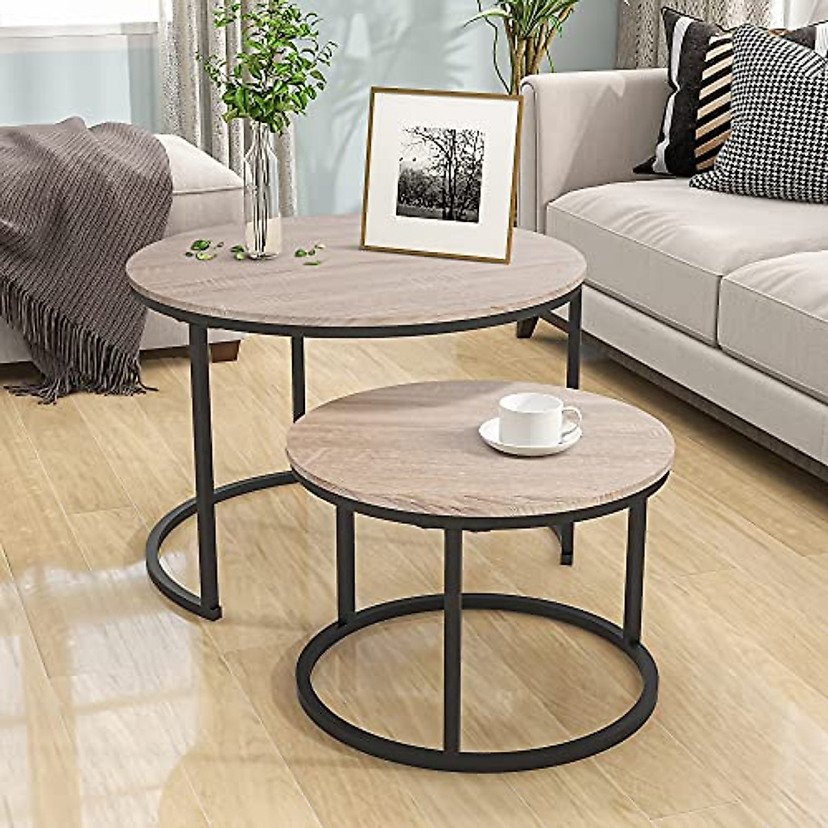 HOJINLINERO Industrial Round Coffee Table Set of 2 End Table for Living Room,Stacking Side Tables, Sturdy and Easy Assembly,Wood Look Accent Furniture with Metal Frame,Black+Teak Oak…