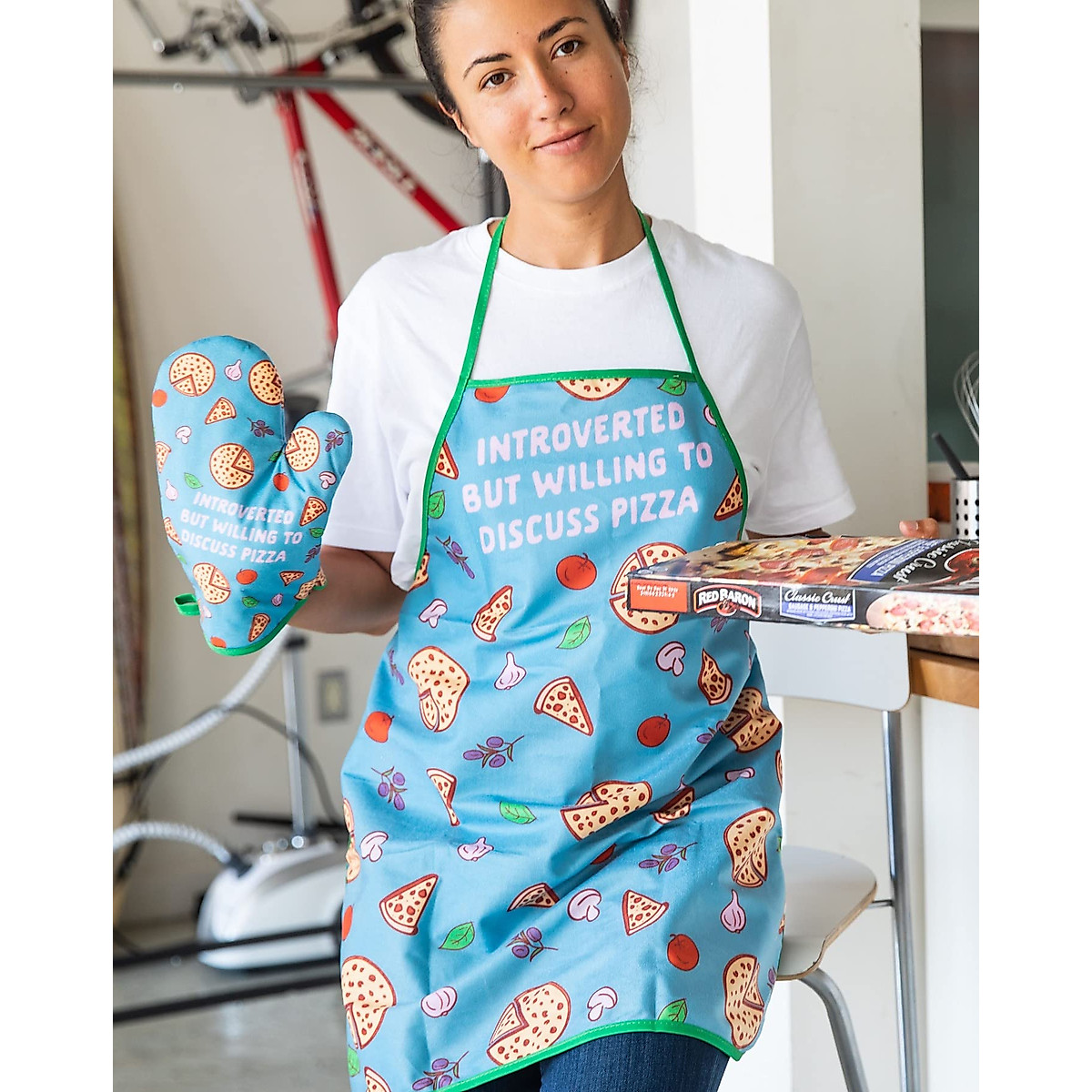 Introverted But Willing To Discuss Pizza Funny Baking Cooking Graphic Kitchen Accessories Funny Graphic Kitchenwear Funny Food Novelty Cookware Blue Oven Mitt