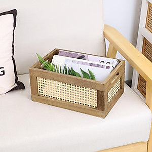 CINWEN Decorative Vintage Wooden Crate Storage Box, Rustic Pine Wood Organizer Bin Basket w/ Built-In Handles for Kitchen Pantry, Cupboard, Cabinet, Counter, Home Sort Collection - Natural Pine